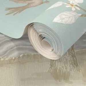 Spoonflower Citrus Grove In Blue Mist Lemon Tree 100% Natural Sisal Grasscloth Wallcovering - Beige,blue