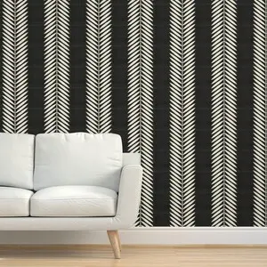 Spoonflower Laurel Leaf Stripe Cream On Black 100% Natural Sisal Grasscloth Wallcovering - Beige,cream