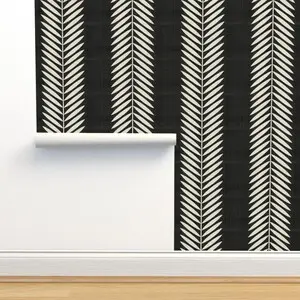 Spoonflower Laurel Leaf Stripe Cream On Black 100% Natural Sisal Grasscloth Wallcovering - Beige,cream