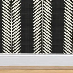 Spoonflower Laurel Leaf Stripe Cream On Black 100% Natural Sisal Grasscloth Wallcovering - Beige,cream