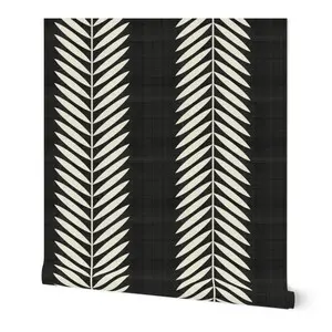 Spoonflower Laurel Leaf Stripe Cream On Black 100% Natural Sisal Grasscloth Wallcovering - Beige,cream