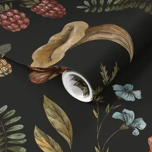Spoonflower Mushrooms Black Vintage Woodland Fern Moth 100% Natural Sisal Grasscloth Wallcovering Black