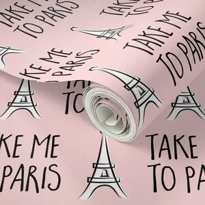 Spoonflower Typography France French Paris Eiffel Tower Take Traditional Wallpaper - Pink,brown,gray
