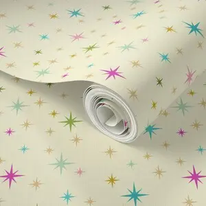 Spoonflower Stars Retro Colors Mid Century Multi Pink Purple & Custom Removable Wallpaper - White,gray,pink