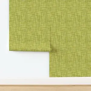 Spoonflower Geometric Lines 60s Olive Texture Movement Custom Pre-pasted Wallpaper