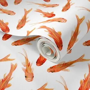 Spoonflower Goldfish Koi Orange Fish Watercolor Japanese Jill Custom Pre-pasted Wallpaper Orange,white,gray