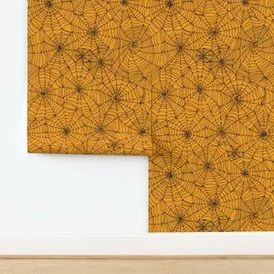 Spoonflower Halloween Orange Spiders Web Spider Black Amber Custom Pre-pasted Wallpaper - Orange,brown