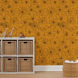 Spoonflower Halloween Orange Spiders Web Spider Black Amber Custom Pre-pasted Wallpaper - Orange,brown