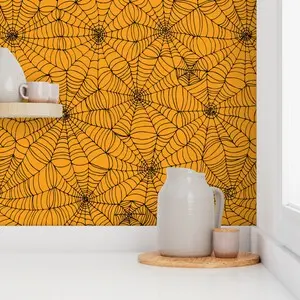 Spoonflower Halloween Orange Spiders Web Spider Black Amber Custom Pre-pasted Wallpaper - Orange,brown