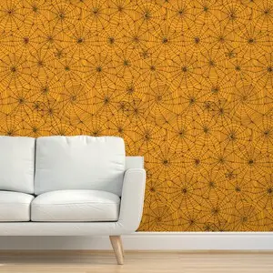 Spoonflower Halloween Orange Spiders Web Spider Black Amber Custom Pre-pasted Wallpaper - Orange,brown