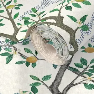 Spoonflower Large Jill Citrus Grove Toile Multi On White 100% Natural Sisal Grasscloth Wallcovering Mint,green,gray