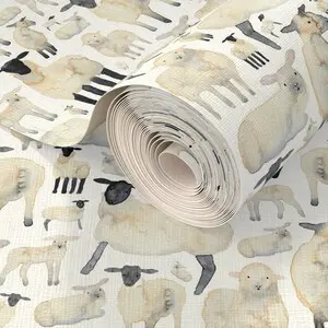 Spoonflower White Sheep Farmyard Animal Lamb Spring Easter 100% Natural Sisal Grasscloth Wallcovering