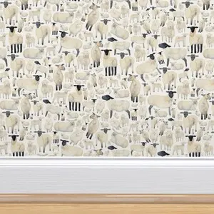 Spoonflower White Sheep Farmyard Animal Lamb Spring Easter 100% Natural Sisal Grasscloth Wallcovering