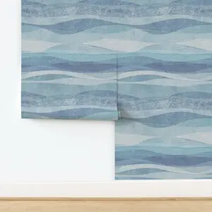 Spoonflower Abstract Ocean Waves Sky Mid Century Modern Custom Pre-pasted Wallpaper