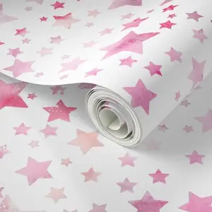 Spoonflower Stars Watercolor Pink Nursery Space Custom Pre-pasted Wallpaper - Pink,white,gray