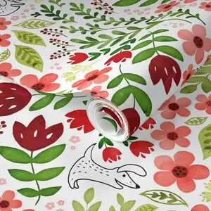 Spoonflower Dog Flowers Floral Nature Animals Puppy Play Traditional Wallpaper - Green