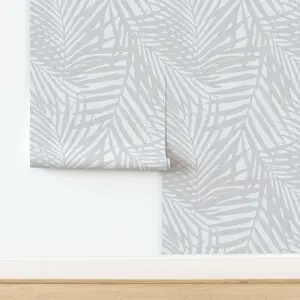Spoonflower Watercolor Grey Palm Fronds Neutral Rainforest Custom Pre-pasted Wallpaper