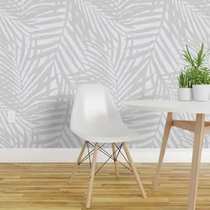 Spoonflower Watercolor Grey Palm Fronds Neutral Rainforest Custom Pre-pasted Wallpaper