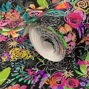 Spoonflower Colorful Flowers Summer Floral On Bright 100% Natural Sisal Grasscloth Wallcovering - Black