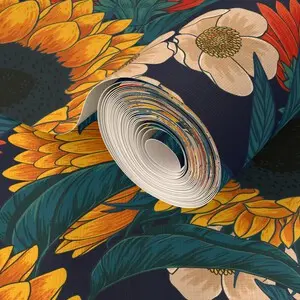 Spoonflower Large Sunflower Meadows Mystical Blue 100% Natural Sisal Grasscloth Wallcovering Blue,yellow,red