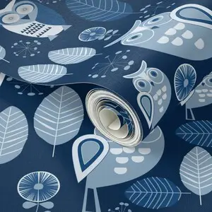 Spoonflower Leaves Nature Birds Owls Animals Traditional Wallpaper - Blue