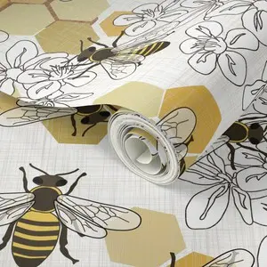Spoonflower White Honey Bees Endangered Species Animals Bee Custom Pre-pasted Wallpaper - Yellow,white,gray