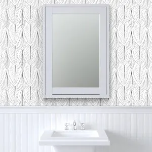 Spoonflower Black White Leaves Floral Chinese Leaf Foliage Custom Pre-pasted Wallpaper - White,gray