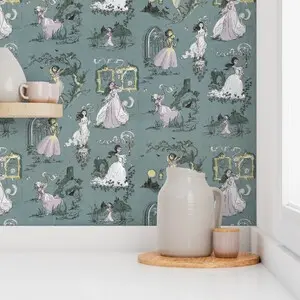 Spoonflower Green Night Gothic Halloween Ghost Spooky Haunted Custom Pre-pasted Wallpaper