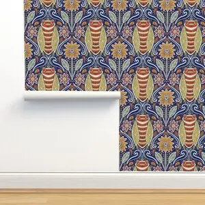 Spoonflower Retro Cicadas In Navy 100% Natural Sisal Grasscloth Wallcovering