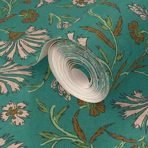 Spoonflower Playa Kalami Peacock 100% Natural Sisal Grasscloth Wallcovering - Green