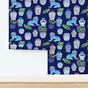 Spoonflower Chinoiserie Foo Dog Classic Chinese Ginger Custom Pre-pasted Wallpaper - Blue