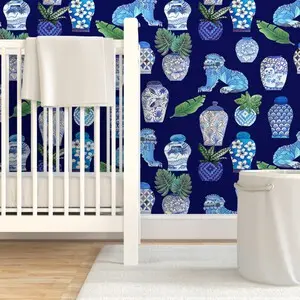 Spoonflower Chinoiserie Foo Dog Classic Chinese Ginger Custom Pre-pasted Wallpaper - Blue