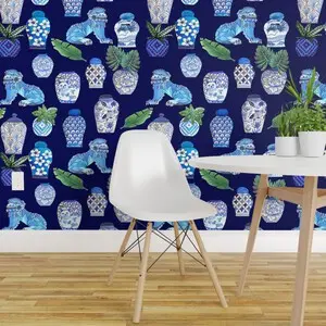 Spoonflower Chinoiserie Foo Dog Classic Chinese Ginger Custom Pre-pasted Wallpaper - Blue