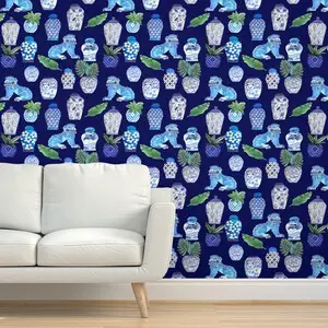 Spoonflower Chinoiserie Foo Dog Classic Chinese Ginger Custom Pre-pasted Wallpaper - Blue