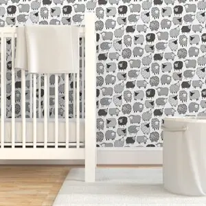 Spoonflower Sheep Geometric Patterned Black White Gray Lamb Traditional Wallpaper