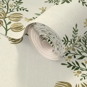 Spoonflower Brown Green Emma Floral Toss 100% Natural Sisal Grasscloth Wallcovering - Green,brown