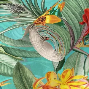 Spoonflower Vintage Hawaiian Tropical Palm Jungle Teal 100% Natural Sisal Grasscloth Wallcovering - Teal,blue,red