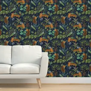 Spoonflower Large Lazy Leopards Navy 100% Natural Sisal Grasscloth Wallcovering