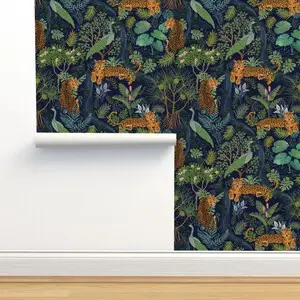 Spoonflower Large Lazy Leopards Navy 100% Natural Sisal Grasscloth Wallcovering