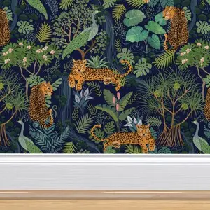 Spoonflower Large Lazy Leopards Navy 100% Natural Sisal Grasscloth Wallcovering