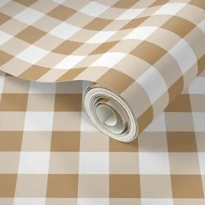 Spoonflower White Buffalo Gingham Squares Check Tan Beige Custom Pre-pasted Wallpaper - Gray,brown