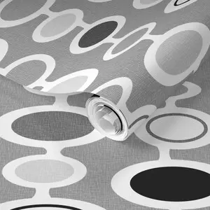 Spoonflower Black And White Space Age Neutral Mid Century Custom Pre-pasted Wallpaper - Gray,black,white