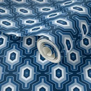 Spoonflower Modern Moroccan Monochromatic And White Diy Custom Pre-pasted Wallpaper - Blue