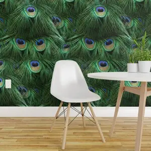Spoonflower Tale Peacock Tail Small Feather Trendy Nature Bird Traditional Wallpaper