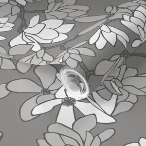 Spoonflower Magnolia Floral Flower Branch Bloom Magnolias Custom Pre-pasted Wallpaper - Gray,white