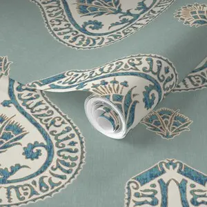Spoonflower Green Blue Medieval Renaissance Historic Custom Pre-pasted Wallpaper - Mint,gray,blue