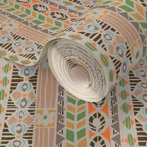 Spoonflower Reverse Orange And Green Tapa Pattern Final 100% Natural Sisal Grasscloth Wallcovering Green