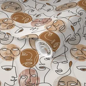 Spoonflower Face Bronze Faces Line Art Abstract Traditional Wallpaper - Brown,beige,gray