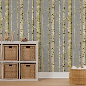 Spoonflower Birch Gray Forest Woods Traditional Wallpaper