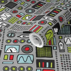 Spoonflower Robot Technology Computer Machine Nerd Geek Custom Pre-pasted Wallpaper - Gray,green,black